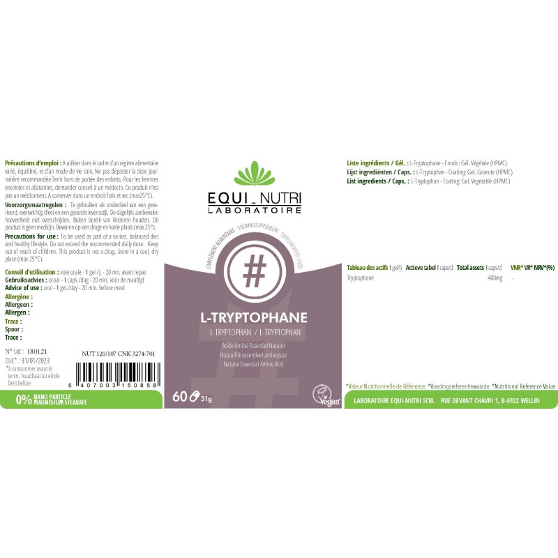 L-Tryptophane 400mg Acide aminé Complement alimentaire